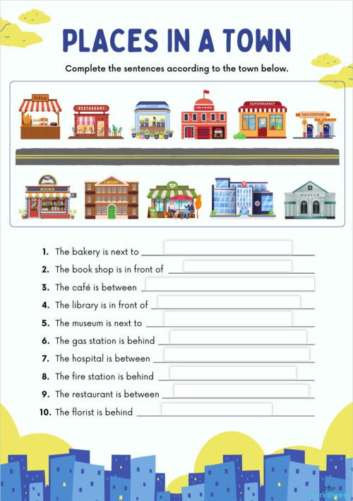 Places in town - Prepositions. Interactive worksheet | TopWorksheets