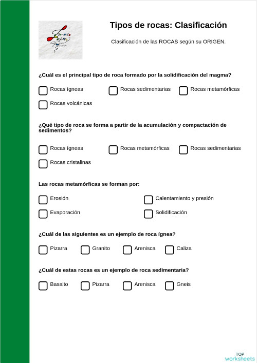 Tipos de rocas: Clasificación. Ficha interactiva | TopWorksheets