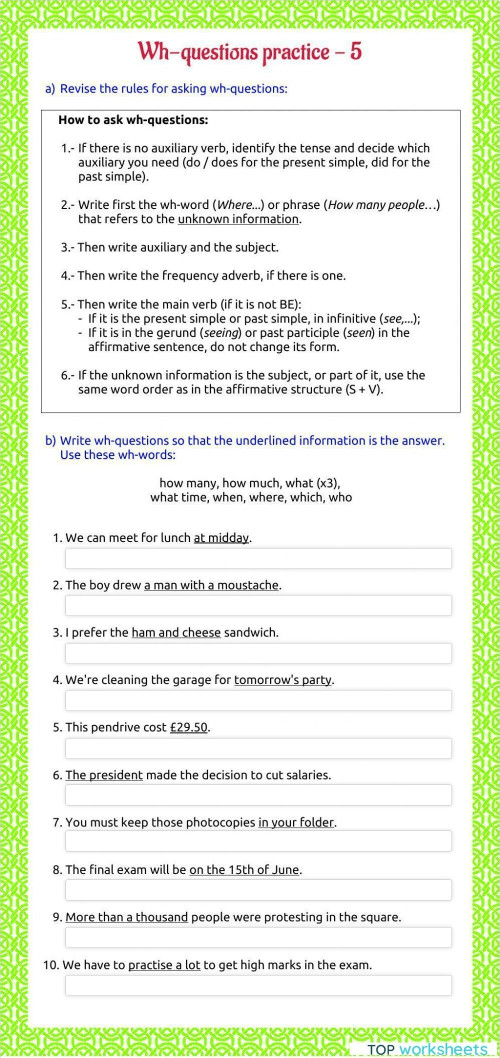 Wh- questions practice 5. Interactive worksheet | TopWorksheets