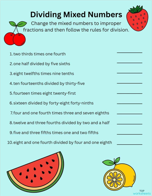 Dividing Mixed Numbers. Interactive worksheet | TopWorksheets
