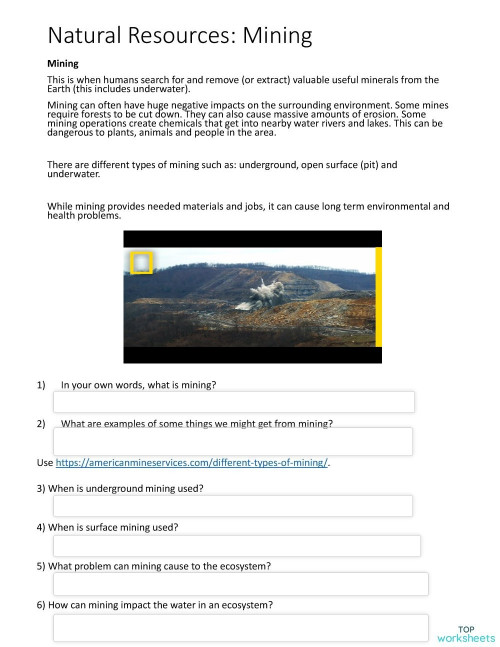 Natural Resources: Mining. Interactive worksheet | TopWorksheets