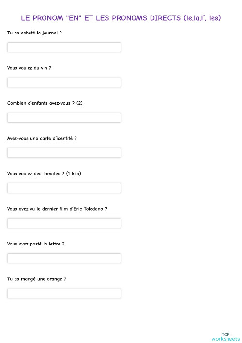 LE PRONOM "EN" ET LES PRONOMS DIRECTS (le,la,l´, les). Fiche ...