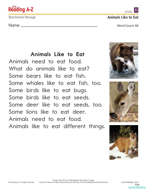 Level D: Animals like to eat. Interactive worksheet | TopWorksheets
