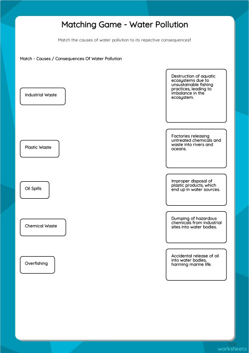 Matching Game - Water Pollution. Interactive worksheet | TopWorksheets