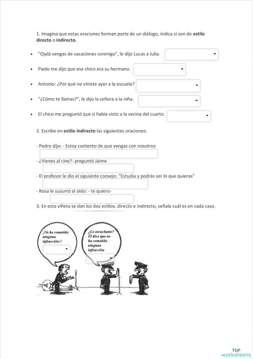 ESTILO DIRECTO E INDIRECTO. Ficha interactiva | TopWorksheets