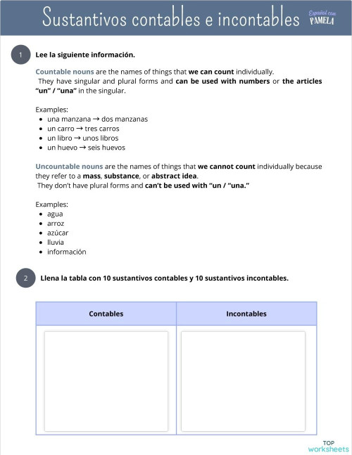 Sustantivos contables e incontables. Ficha interactiva | TopWorksheets
