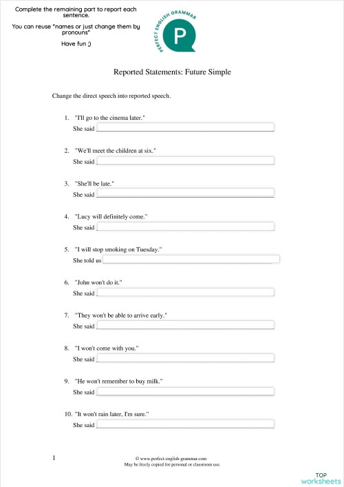 Reported Speech - Future Simple. Interactive worksheet | TopWorksheets