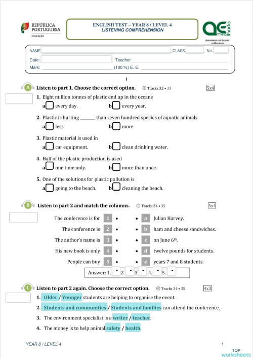 8th Grade Listening Test B. Interactive worksheet | TopWorksheets