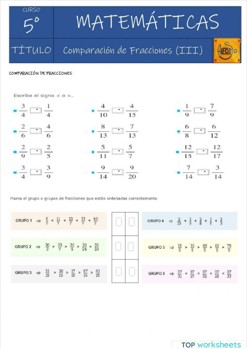 COMPARACIÓN DE FRACCIONES (iii). Ficha interactiva | TopWorksheets
