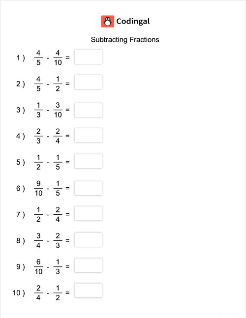 M_G05T01_WC09_Subtracting Fractions. Interactive worksheet | TopWorksheets