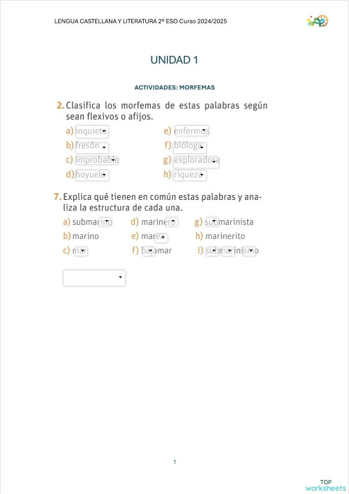 Examen lexemas y morfemas. Ficha interactiva | TopWorksheets