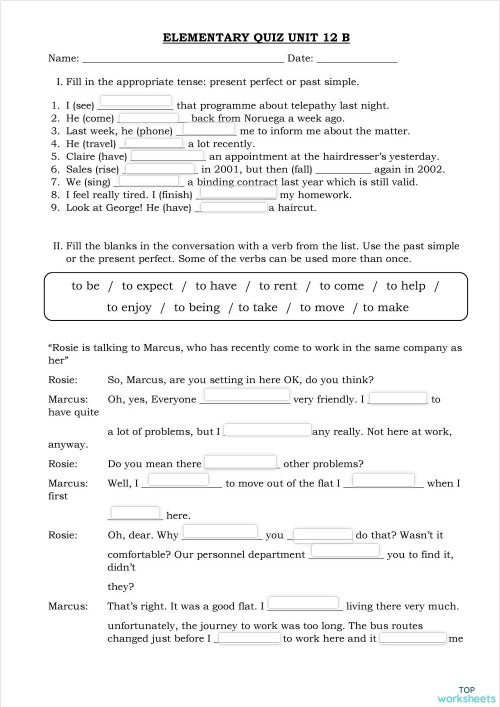 UNIT 12 B ELEMENTARY EXAM. Interactive worksheet | TopWorksheets