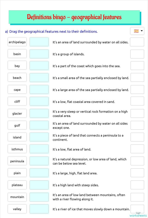 Game - Definitions bingo - Geographical features. Interactive worksheet ...