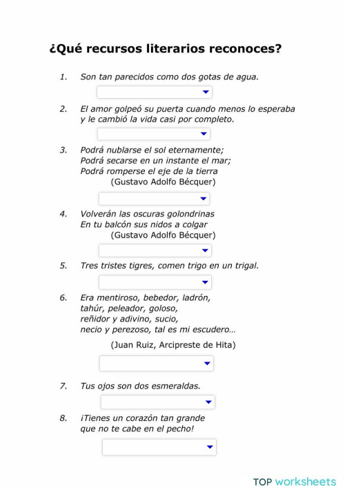 Recursos literarios. Ficha interactiva | TopWorksheets