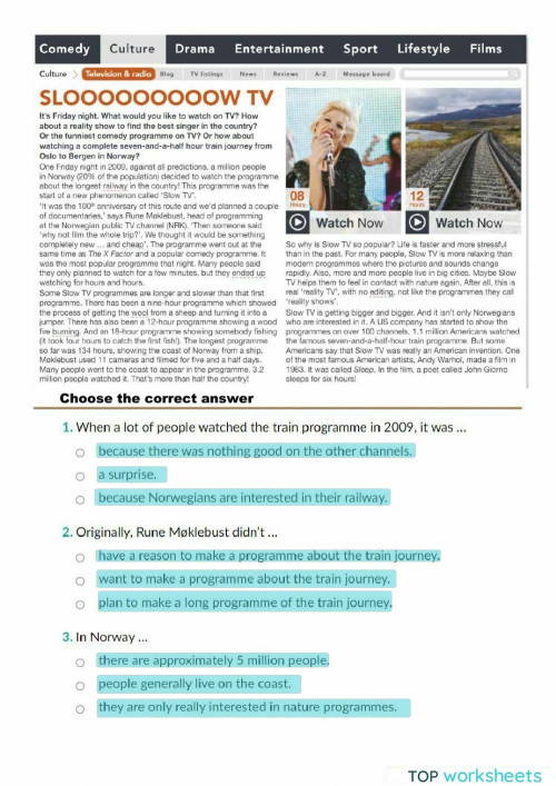 Slow TV. Interactive worksheet | TopWorksheets
