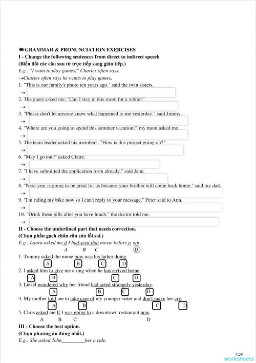 Week 7 day 2 reported speech 2. Interactive worksheet | TopWorksheets