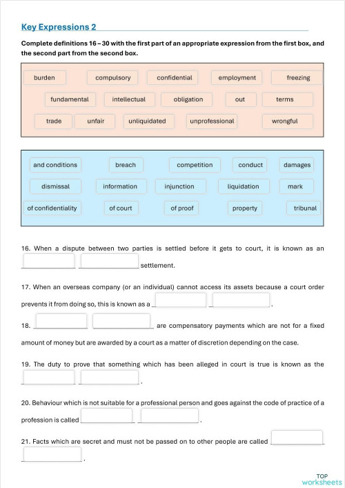 Vocabulary for Law - Key expressions 2. Interactive worksheet | TopWorksheets