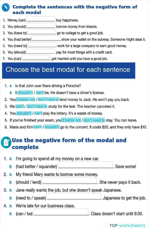INT04 negative modals practice. Interactive worksheet | TopWorksheets