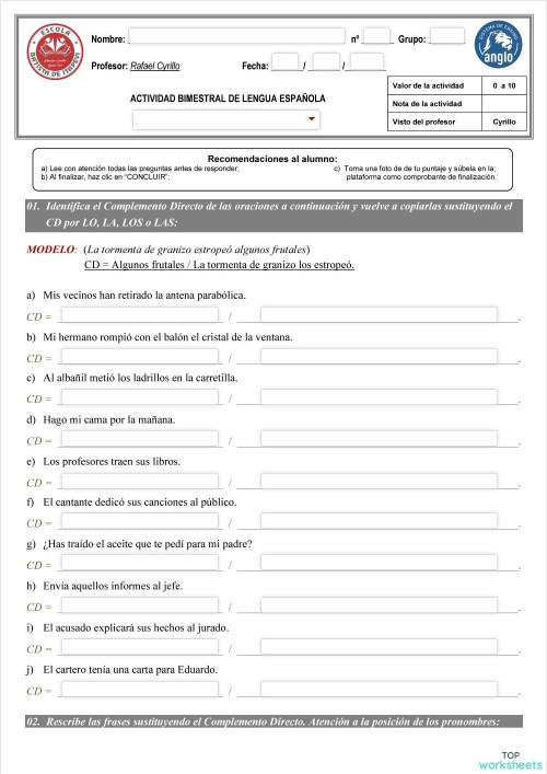 COMPLEMENTO DIRECTO. Ficha interactiva | TopWorksheets