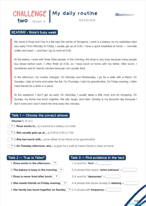 Daily Routine - Present simple tense. Ficha interactiva | TopWorksheets