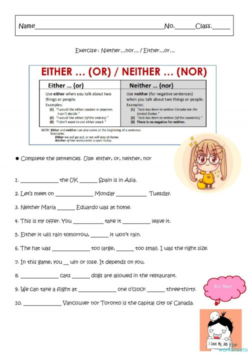 Worksheet : Niether nor/ Either or ใบงานเชิงโต้ตอบ | TopWorksheets