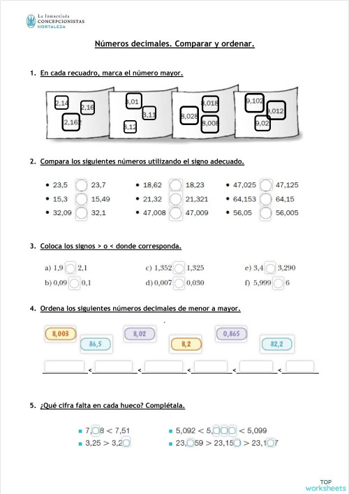 Números decimales. Comparar y ordenar.. Ficha interactiva | TopWorksheets