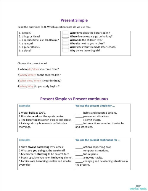 Present Simple vs Present Continuous. Interactive worksheet | TopWorksheets