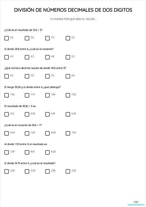 DIVISIÓN DE NÚMEROS DECIMALES DE DOS DIGITOS. Ficha interactiva ...