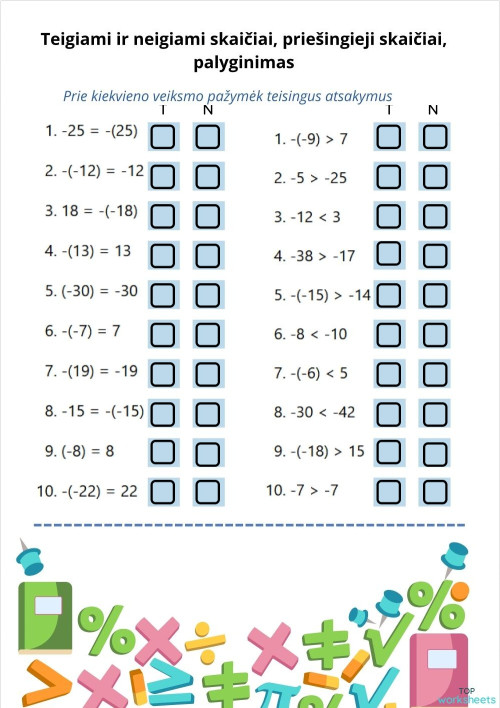 Priešingi skaičiai, palyginimas I var.. Interactive worksheet | TopWorksheets