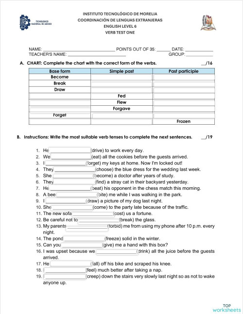 verbs exam 1 level 6. Interactive worksheet | TopWorksheets