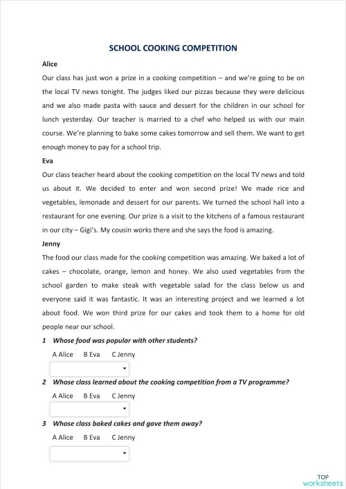 SCHOOL COOKING COMPETITION. Interactive worksheet | TopWorksheets