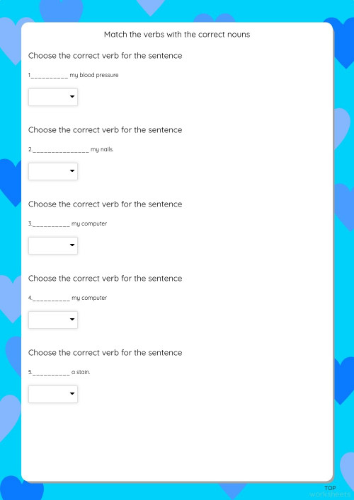 Match the verbs with the correct nouns. Interactive worksheet ...