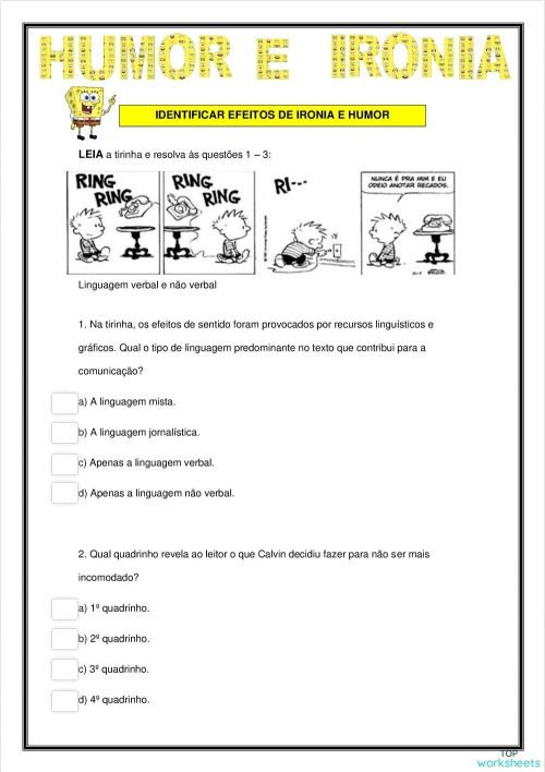 Identificar Efeitos de Humor e Ironia. Ficha interativa | TopWorksheets