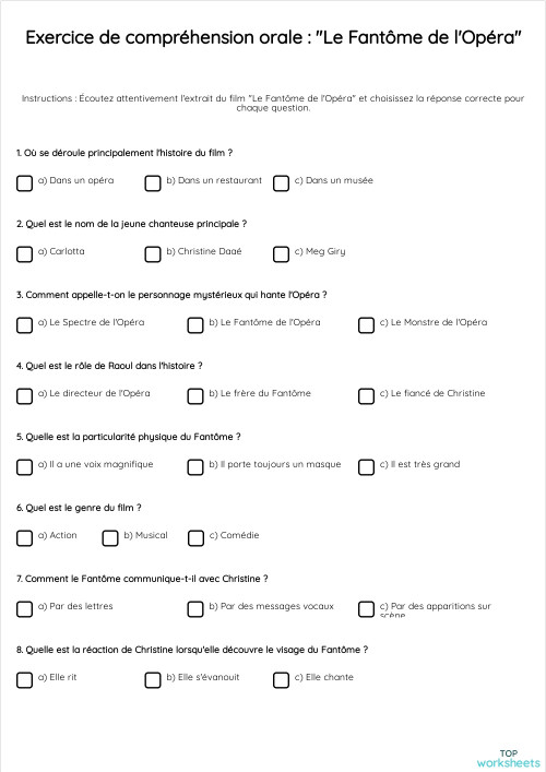 Exercice de compréhension orale : "Le Fantôme de l'Opéra". Fiche ...