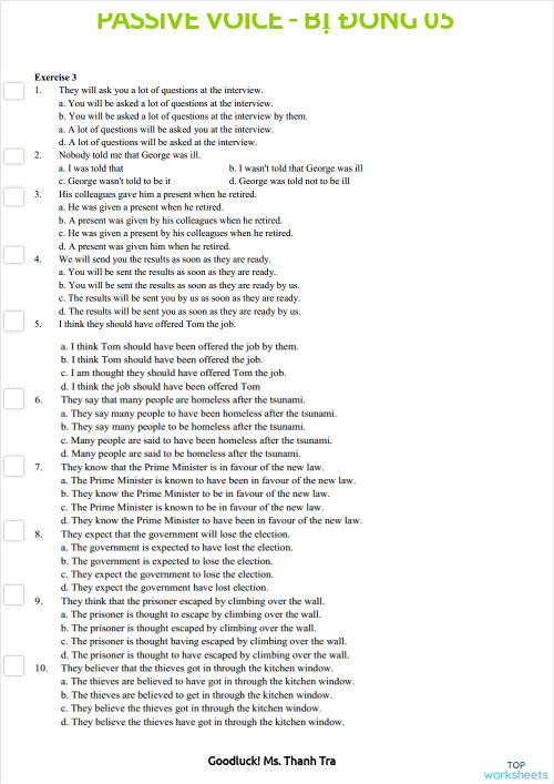 PASSIVE VOICE - BỊ ĐỘNG 05. Interactive worksheet | TopWorksheets
