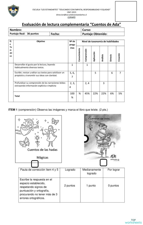 Evaluación cuento de ADA. Ficha interactiva | TopWorksheets