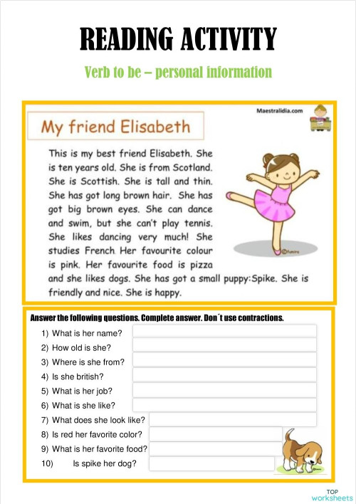 READING ACTIVITY - Verb to be. Ficha interactiva | TopWorksheets