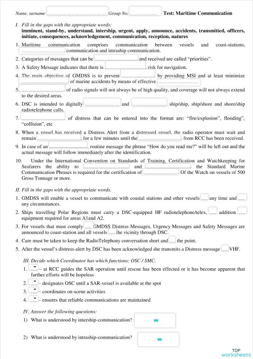 Test: Maritime Communication. Interactive worksheet | TopWorksheets