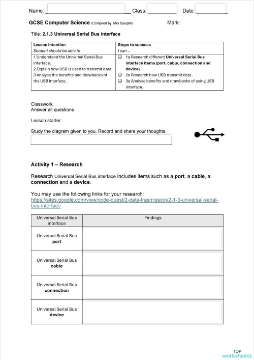 2.1.3 Universal Serial Bus: interactive worksheets and online exercises ...