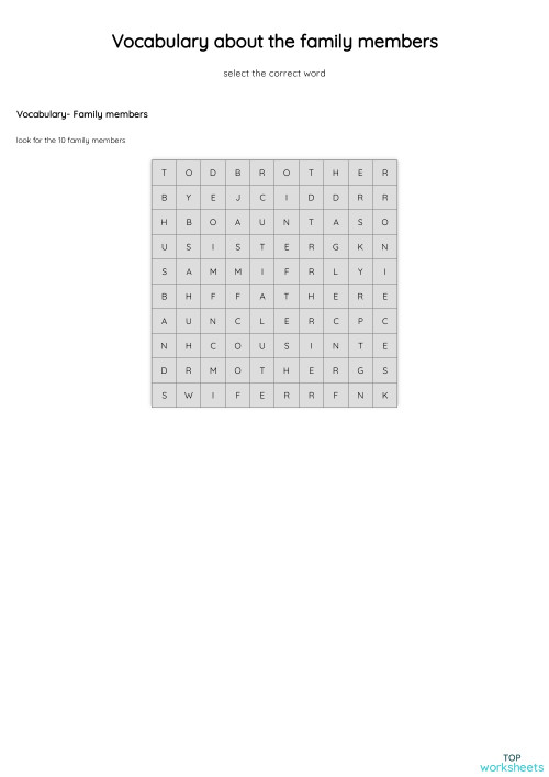 Vocabulary about the family members. Interactive worksheet | TopWorksheets