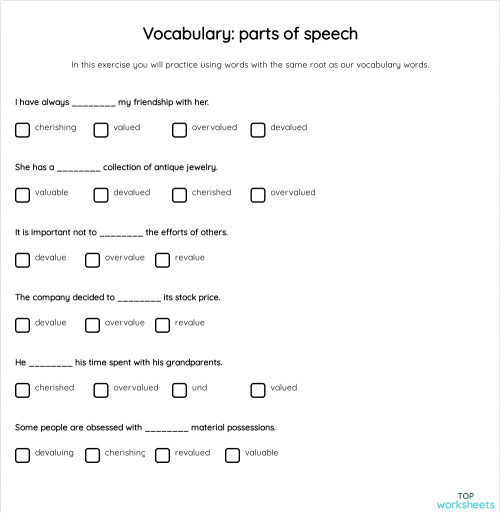 Vocabulary: parts of speech. Interactive worksheet | TopWorksheets