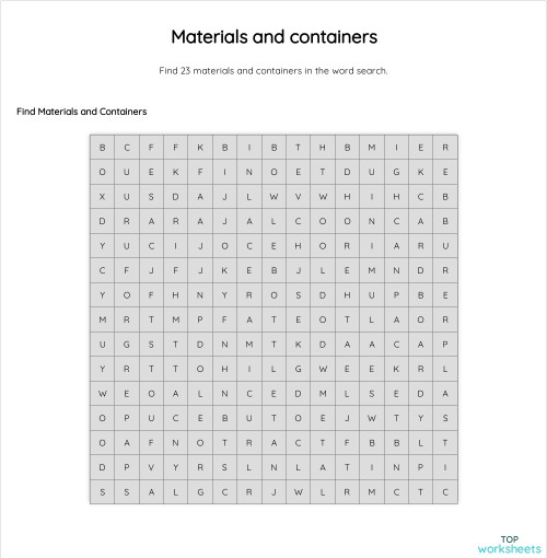 Materials and containers. Interactive worksheet | TopWorksheets