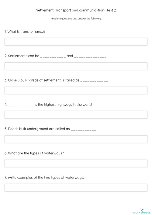 Settlement, Transport and communication- Test 2. Interactive worksheet ...