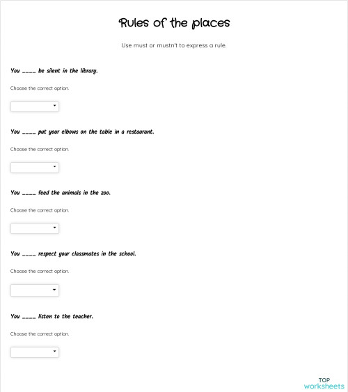 Rules of the places. Interactive worksheet | TopWorksheets