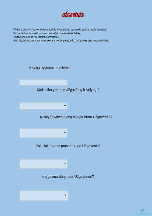 Užgavėnių klausimynas. Interactive worksheet | TopWorksheets