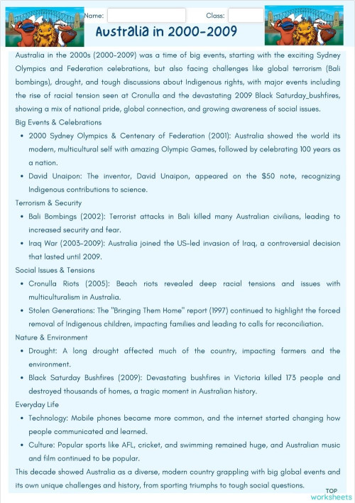 Australia 2000-2009. Interactive worksheet | TopWorksheets