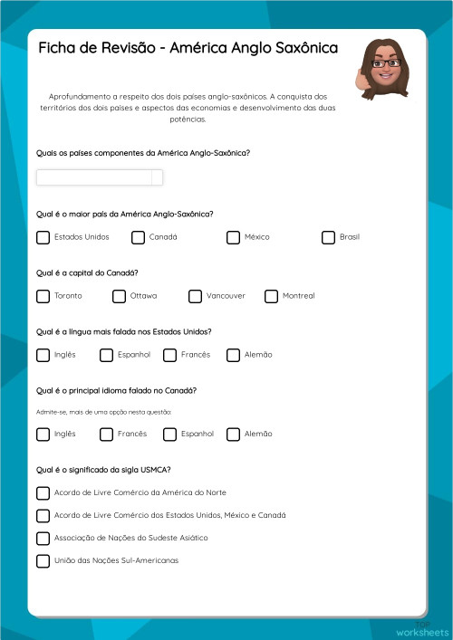 Ficha de Revisão - América Anglo Saxônica. Ficha interativa | TopWorksheets