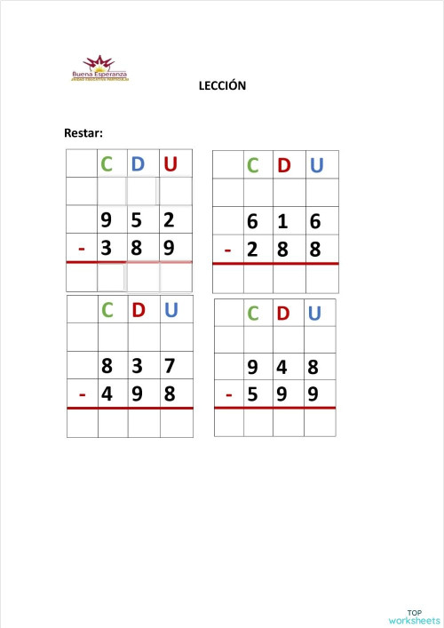 Hojas De Trabajo Con Imágenes Sobre Resta Con Reagrupación