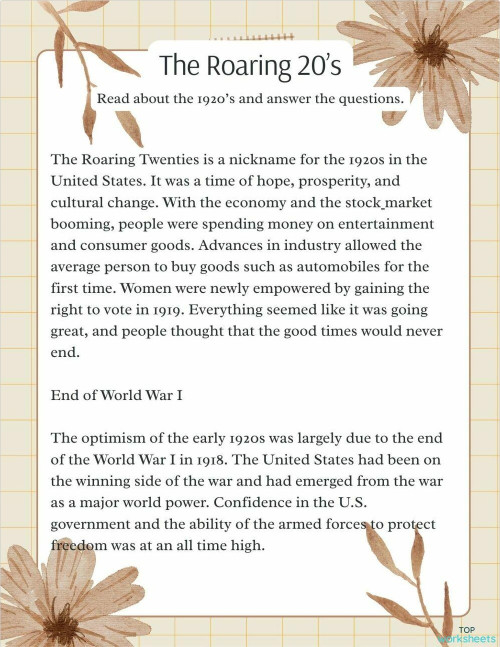 The Roaring 20’s. Interactive worksheet | TopWorksheets