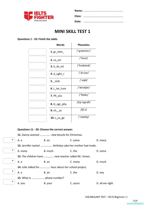 BEGINER - MINI TEST 1. Interactive worksheet | TopWorksheets